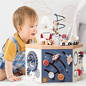 EverEarth Wooden Activity Cube with Bead Maze, Space Activity Cube for Toddlers 1-3 Girls Boys Multi Play Educational Learning Montessori Cube Toddler Toy Wood Shape Color Sorter - FSC Certified