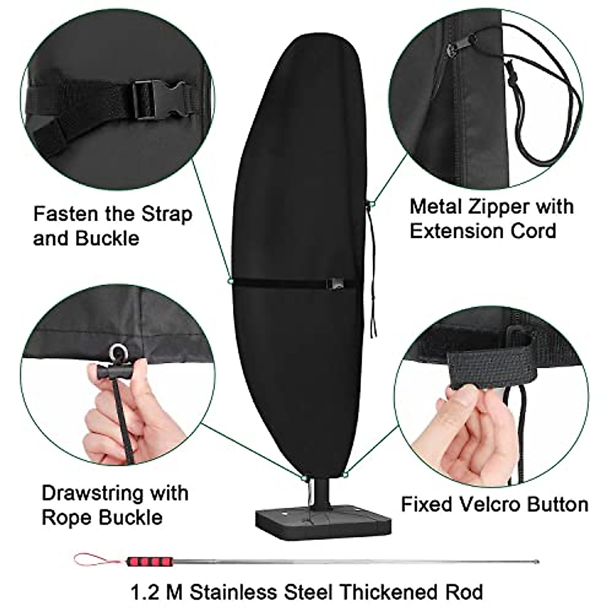 GARDRIT Patio Umbrella Cover, 600D Waterproof Patio Cantilever Umbrella Covers for 7.5-11.5 Feet Offset Umbrella, Outdoor Market Umbrellas Cover with Zipper and Rod