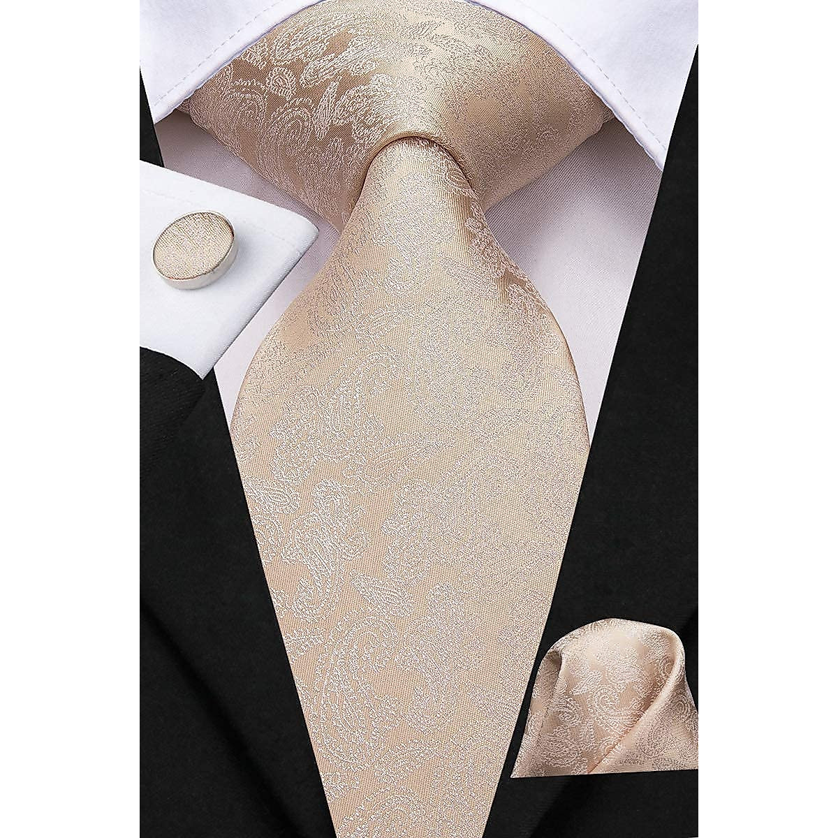 Hi-Tie Champagne Khaki Tie Paisley Silk Mens Neckties with Pocket Square Cufflinks for Wedding Business Party