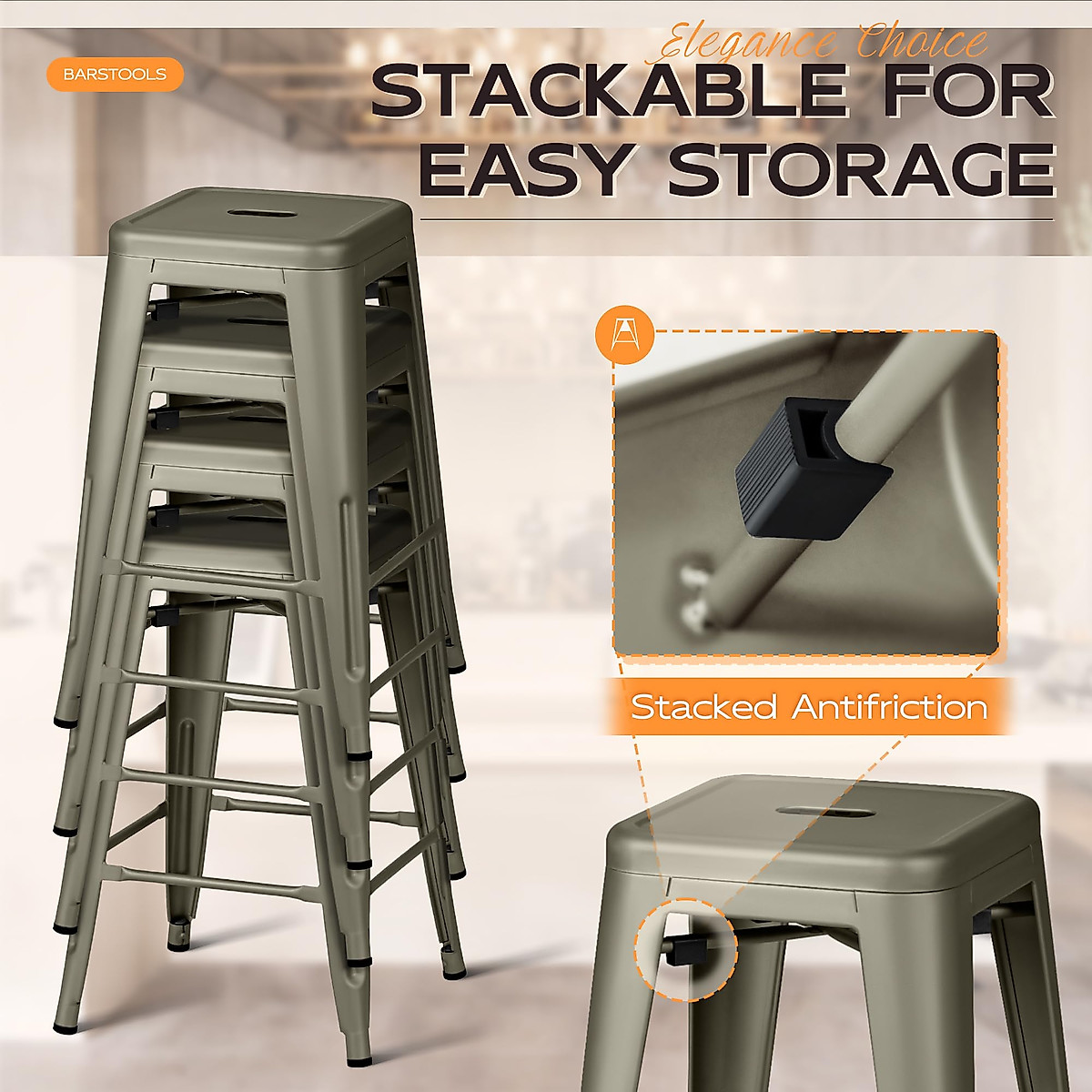 Furmax 24 Inches Metal Bar Stools Bar Height High Backless Stools Indoor Outdoor Stackable Kitchen Stools Set of 4 (Gun)