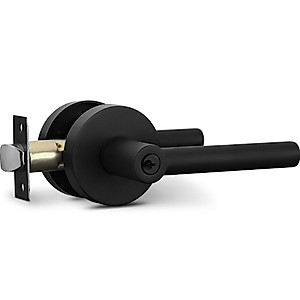 Berlin Modisch Entry Lever Door Handle and Single Cylinder Deadbolt Lock and Key Sleek Round Locking Lever Handle Set [Front Door or Office] Right & Left Sided Doors Heavy Duty – Iron Black Finish
