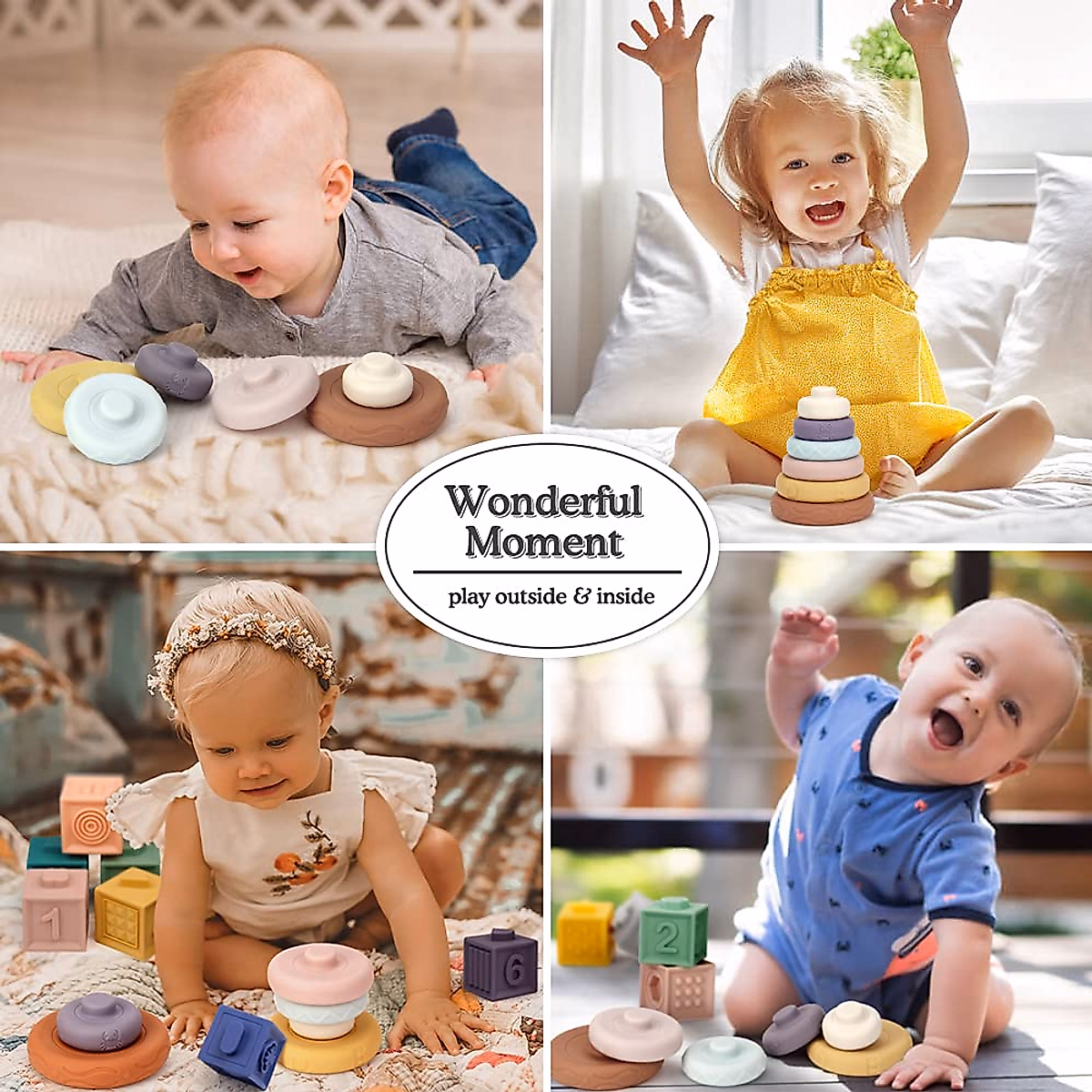 Mini Tudou 6 PCS Baby Girl Toy Stacking & Nesting Toys, Soft Stacking Blocks Ring Stacker, Baby Sensory Teethers Toys w/Letter, Animal and Shape, Early Learning Toys for Babies Toddlers Kids 6 Months