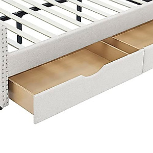 YUNLife Full Size Upholstered Daybed with Two Storage Drawers,Full Polyester Sofa Bed Storage Daybed Frame with Button on Back and Copper Nail on Waved Shape Arms for Bedroom Guest Room