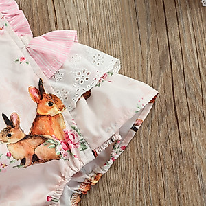 BOIBOKOKO Infant Baby Girl Easter Outfits Sleeveless Bunny Floral Print Romper Ruffle Halter Jumpsuit Bodysuit Easter Clothing (1#Beige, 0-6 Months)