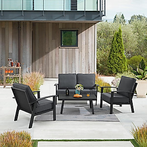 OC Orange-Casual Outdoor Aluminum Furniture Set - 4 Pieces Patio Sectional Chat Sofa Conversation Set with Coffee Table and Loveseat, Includes Thick Cushions,for Lawn Backyard, Grey