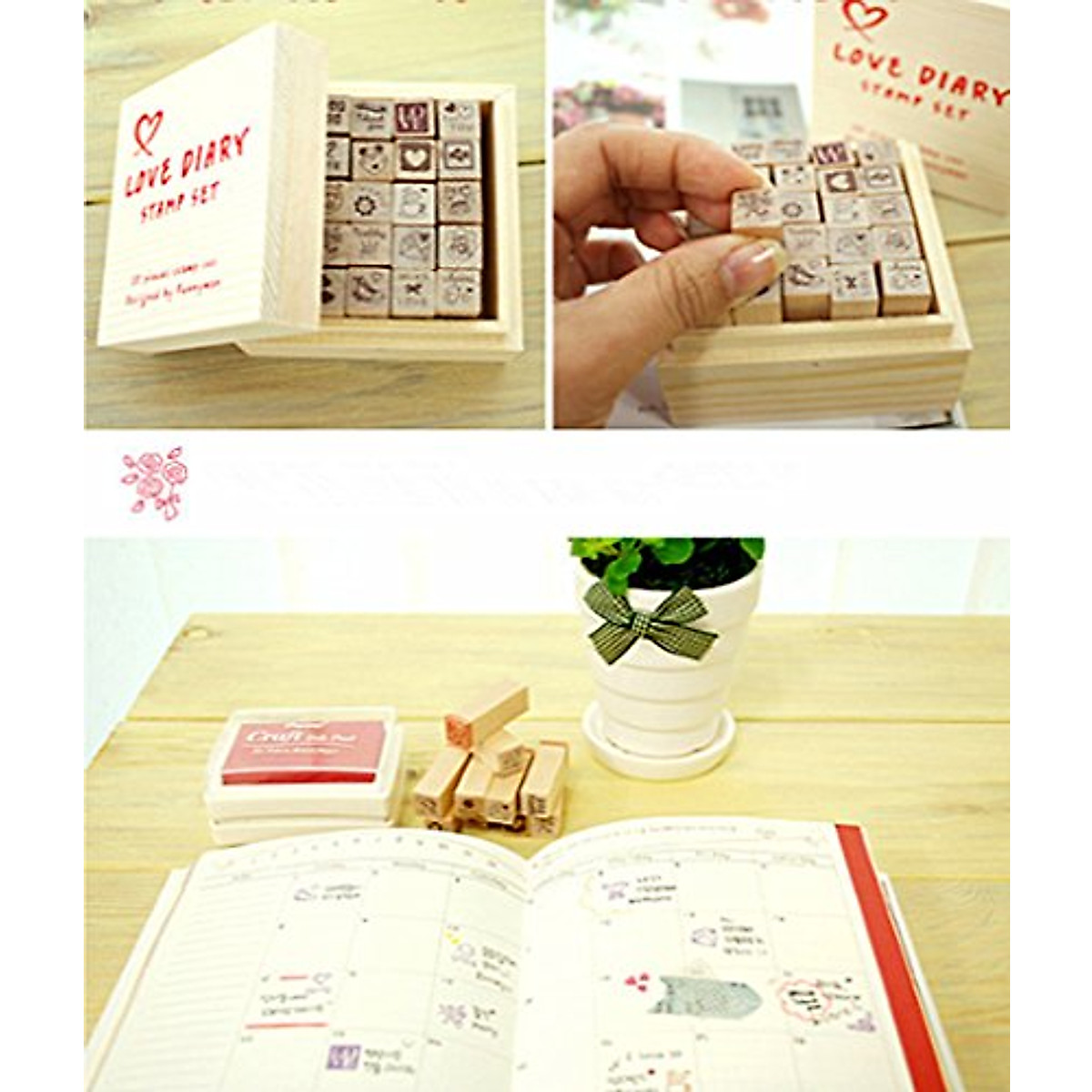 Diary Stamp Set,Wooden Rubber Signet for Children DIY Scrapbooking Planner Card Making(25pcs,Love Heart)