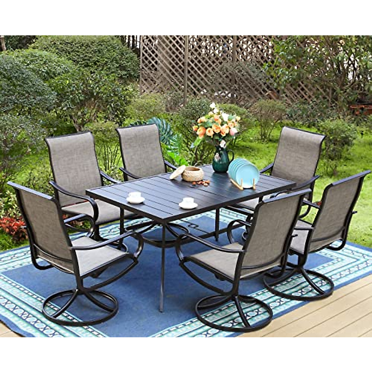 Sophia & William Patio Dining Set 7 Pieces Outdoor Patio Set for 6, Swivel Chairs Textilene and Metal Dining Table Patio Furniture All Weather for Lawn Garden Backyard Pool