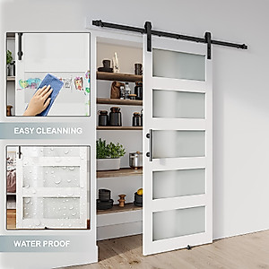 ALAMEDADT 34'' x 84'' Glass Barn Door and 6 Ft Hardware Kit Included, MDF White Barn Door Slab with Frosted Glass, PVC Surface, Combined with Handle and Floor Guide-Assembly Required, White