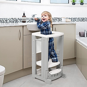 Toddler Tower - Toddler Standing Tower for Kitchen Counter & Sink, Kids Kitchen Step Stool Helper, Anti-tip Structure More Stable, with Dry Erase Board, Ages 18 Months to 5 Years (Grey)