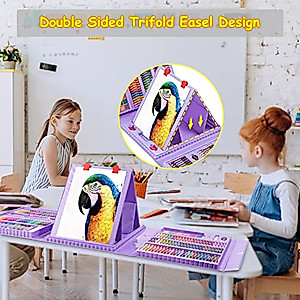 Art Supplies, 272 Pack Art Set Drawing Kit for Girls Boys Teens Artist, Deluxe Gift Art Box with Trifold Easel, Origami Paper, Coloring Pad, Drawing Pad, Pastels, Crayons, Pencils, Watercolors(Purple)
