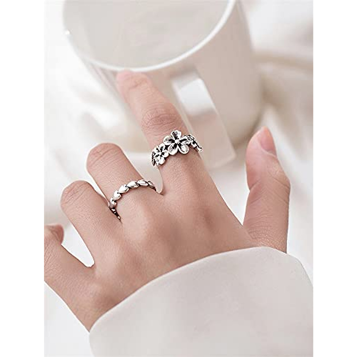Vintage Plumeria Flower 925 Silver Plated Open Band Ring for Women Statement Adjustable Expandable Daisy Knuckle Finger Rings Comfort Fit Oxidized Retro Birthday Jewelry Gift