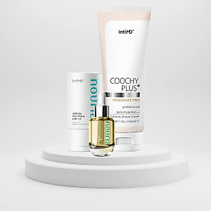 IntiMD Coochy Plus Intimate Shave Cream Fragrance Free + Pre-Shave Elixir Moisturizer Oil Kit - HydroLock & MOISTURIZING PLUS Continuous Hydration Reliefs Razor Burn Bump Ingrown Hair