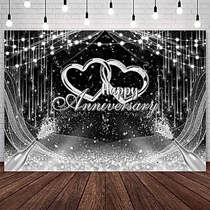 AIBIIN 7x5ft Black and Silver Happy Anniversary Backdrop Silver Glitter Wedding Anniversary Bridal Shower Photography Background Cheers to Wedding Miss to Mrs Party Decorations Banner