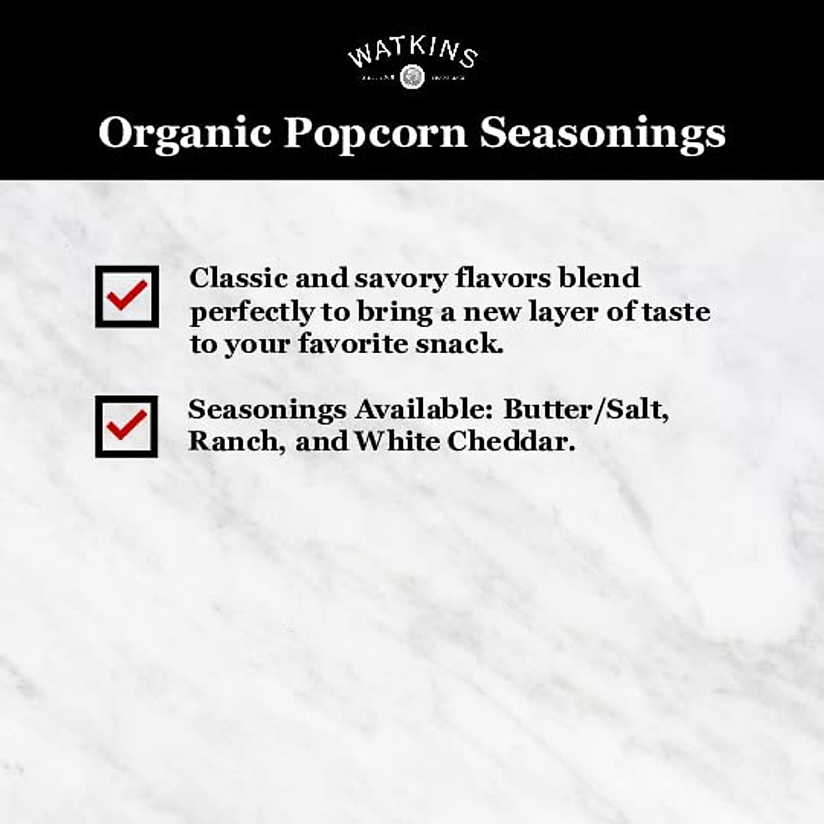 Watkins Popcorn Seasoning Multi-Flavor Variety Pack, 3-Pack (1 White Cheddar 3.3 oz., 1 Butter/Salt 5.3 oz., 1 Ranch 3.6 oz.)