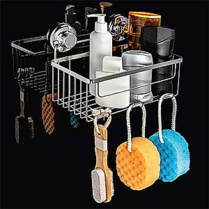 HASKO accessories Vacuum Suction Cup Shower Caddy | Deep Basket Organizer for Shampoo with Hooks | Adhesive 3M Stick Discs | Holder for Bathroom Storage | Polished Stainless Steel SS304