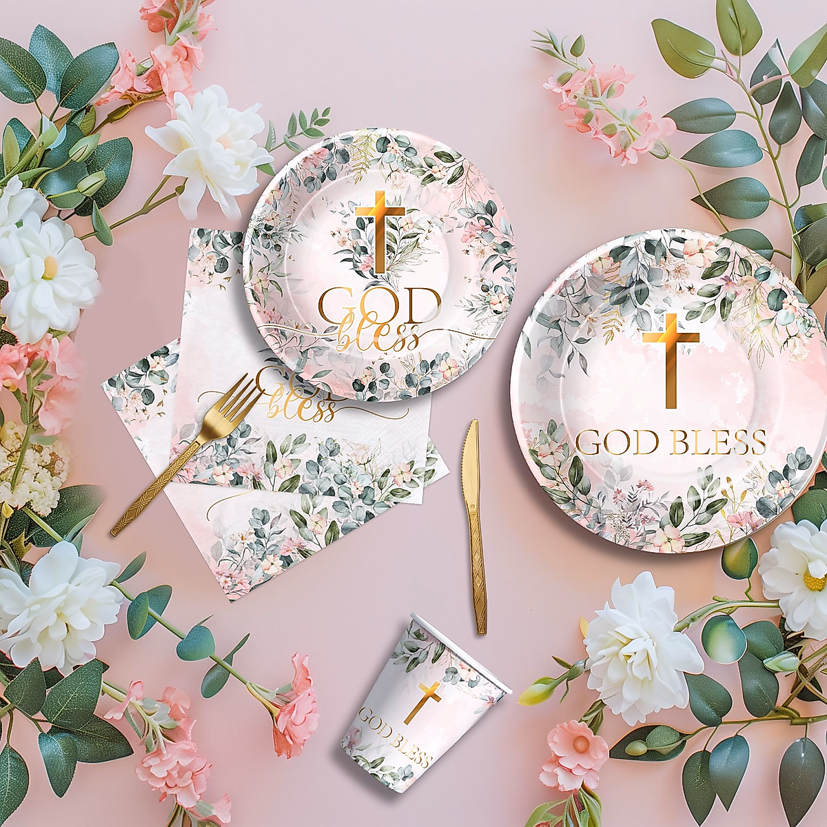Suhelkit God Bless Baptism Plates And Napkins Girl - First Communion Decorations Party Tableware, Plate, Cup, Napkin, Tablecloth, Cutlery, For Christening Celebration Baby Shower Religious | Serve 24