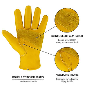 KKOYING Leather Work Gloves for Men & Women, Gardening Gloves, Reinforced Durable Cowhide Work Gloves, Puncture & Cut Resistant (Medium)