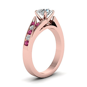 CustomizedGifts Channel Set Diamond Ring rose gold plated Created Pink Sapphire Round shape Pink color Split Shank Engagement Ring channel Setting in Size 12 Handcraft Chakra Healing