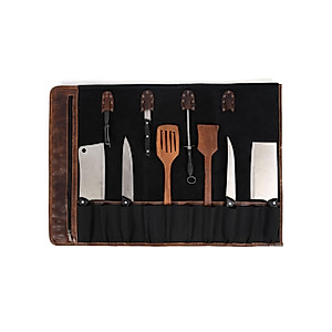 Leather Knife Roll Storage Bag, Elastic and Expandable 10 Pockets, Adjustable/Detachable Shoulder Strap, Travel-Friendly Chef Knife Case by Aaron Leather Goods