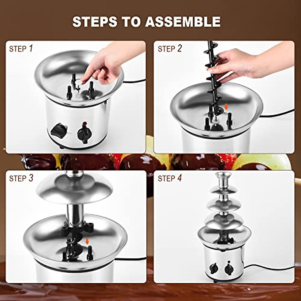 Chocolate Fountain, 4 Tiers Electric Melting Machine Chocolate Fondue Fountain Set with 6pcs Stainless Steel Forks, 4-Pound Capacity, Stainless Steel Cascading Fondue Heat Motor Controls Pot for Nacho Cheese, BBQ Sauce, Ranch