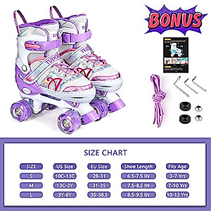 Roller Skates for Kids, Shine Skates 4 Size Adjustable Roller Skates with Light up Wheels for Girls, Teens, Outdoor Rollerskates for Beginners & Advanced | Purple, S - 10C-13C (Small, Purple)