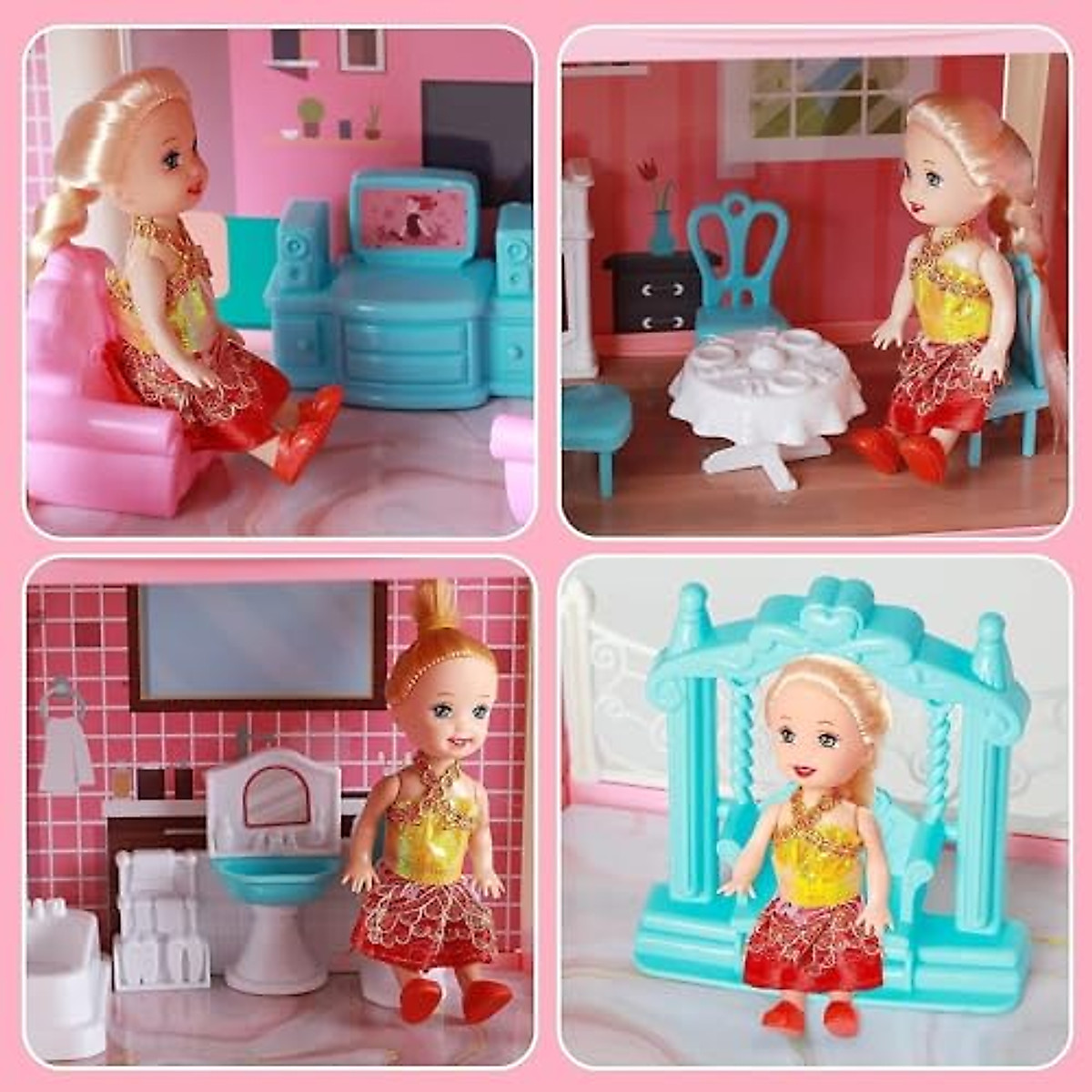 Big Doll House for Kids, 3-Story 8 Rooms Princess Dream House Toys with Doll & Doll Furnitures, DIY Dollhouse with Light Strip