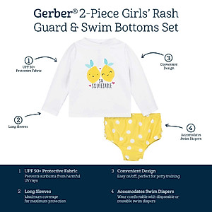 Gerber Baby Girl's Toddler Long Sleeved Rashguard Swim Bathing Suit Set, White Yellow Lemons, 18 Months