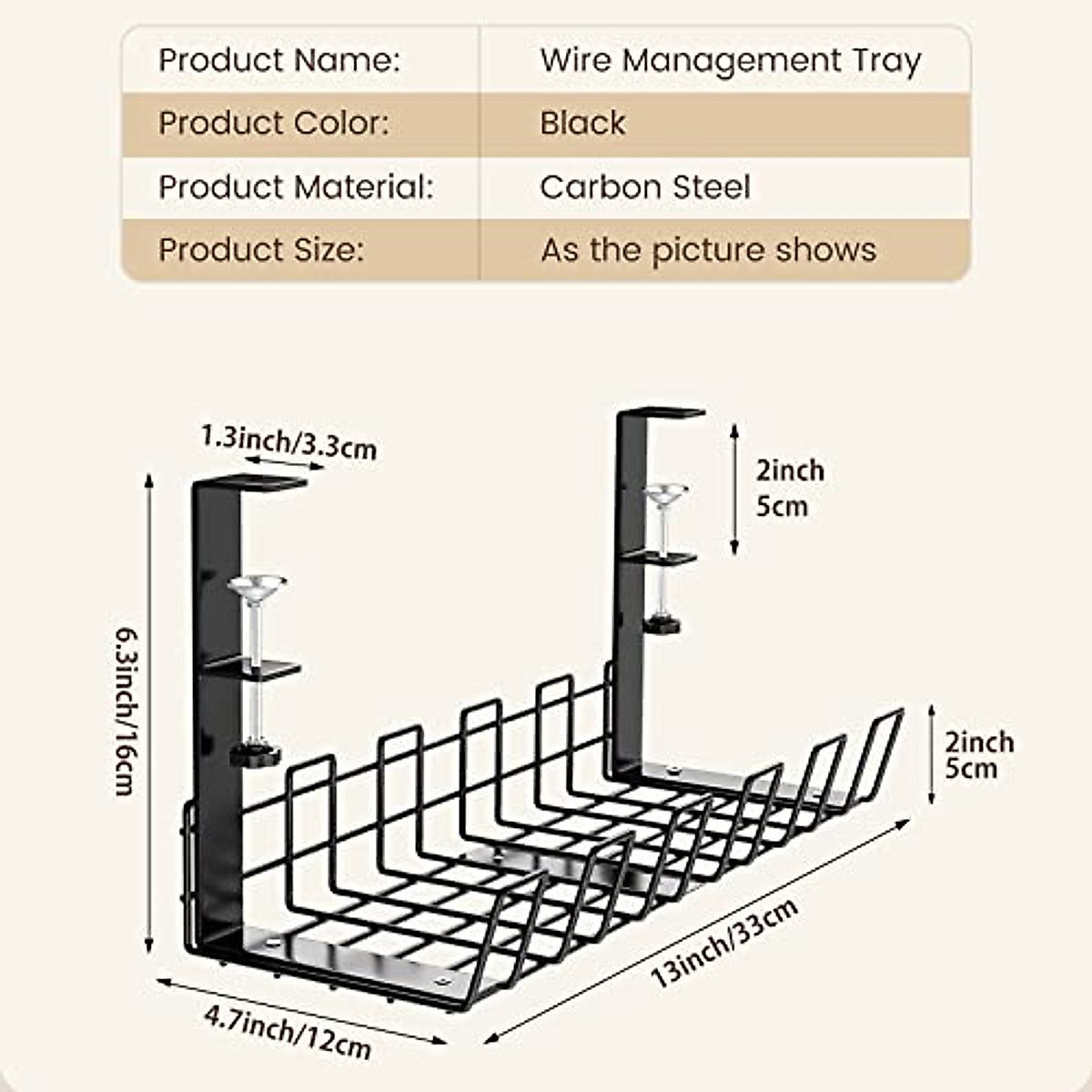 Under Desk Cable Management Tray, Waysse 13'' No Drill Steel Desk Cable Organizers, Cord Organizer Management Tray with Clamp, Desk Wire Management Rack for Office, Home - No Damage to Desk