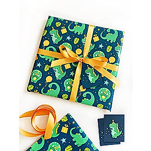 Dinosaur Wrapping Paper Gift Set - Birthday wrapping paper for boys - w/ 27" x 39" Folded Gift Wrap (3) + 3 Meters of Ribbon & 3 Gift Tags - Cute wrapping Paper, baby boy wrapping paper for Baby Showers, Dinosaur Birthday party, & More