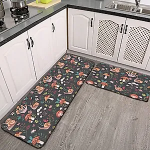 YouTary Mushroom Snails Butterfly Flower Pattern Kitchen Rug Set 2 PCS Floor Mats Washable Non-Slip Soft Flannel Runner Rug Doormat Carpet for Floor Home Bathroom, 17" x 47"+17" x 24"-M
