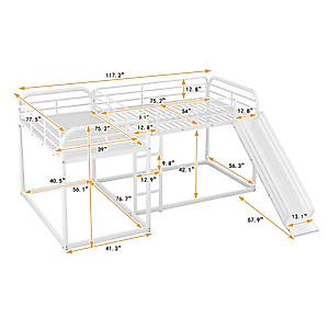 CITYLIGHT Metal Quad Bunk Beds for 4, Full and Twin Size L-Shaped Bunk Beds with Slide and Ladder, 4 Bunk Beds for Kids Boys Girls and Multi Children's Family,White
