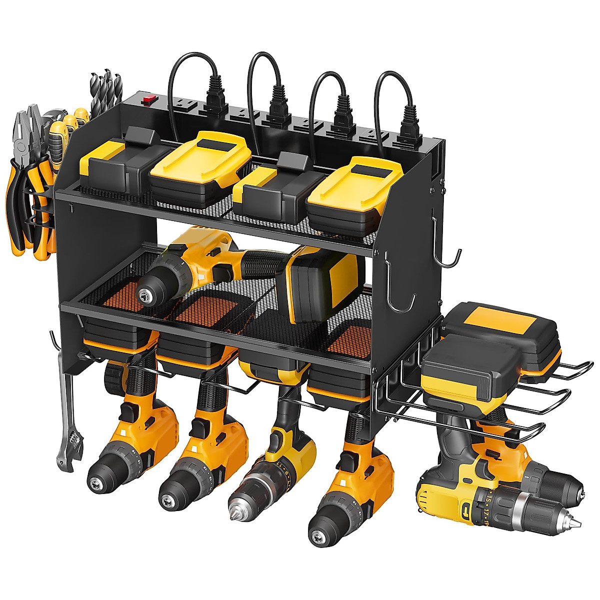 CCCEI Modular Power Tool Organizer Wall Mount Charging Station, Black 6 Drills Holder with 8 Plug Power Strip, Garage Drill Battery Heavy Duty Metal Shelf, Utility Rack with Hooks, Side Storage.