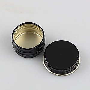 DLIBUY 100 Pcs 5ml 5g Empty Round Glossy Black Aluminum Tin Jars with Screw Lids Cosmetics Lip Balm Containers Pots for DIY Candle Salve Powder Crafts Storage Cans 3x Alu Spoon, 100x Ø 2cm Labels