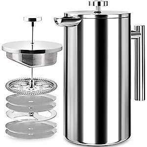 Utopia Kitchen - 304 Grade Stainless Steel French Press Coffee Maker 34oz (1 Litre) with 4 Level Filtration System - Double Wall Insulated Coffee Press with 2 Extra Filters - Silver