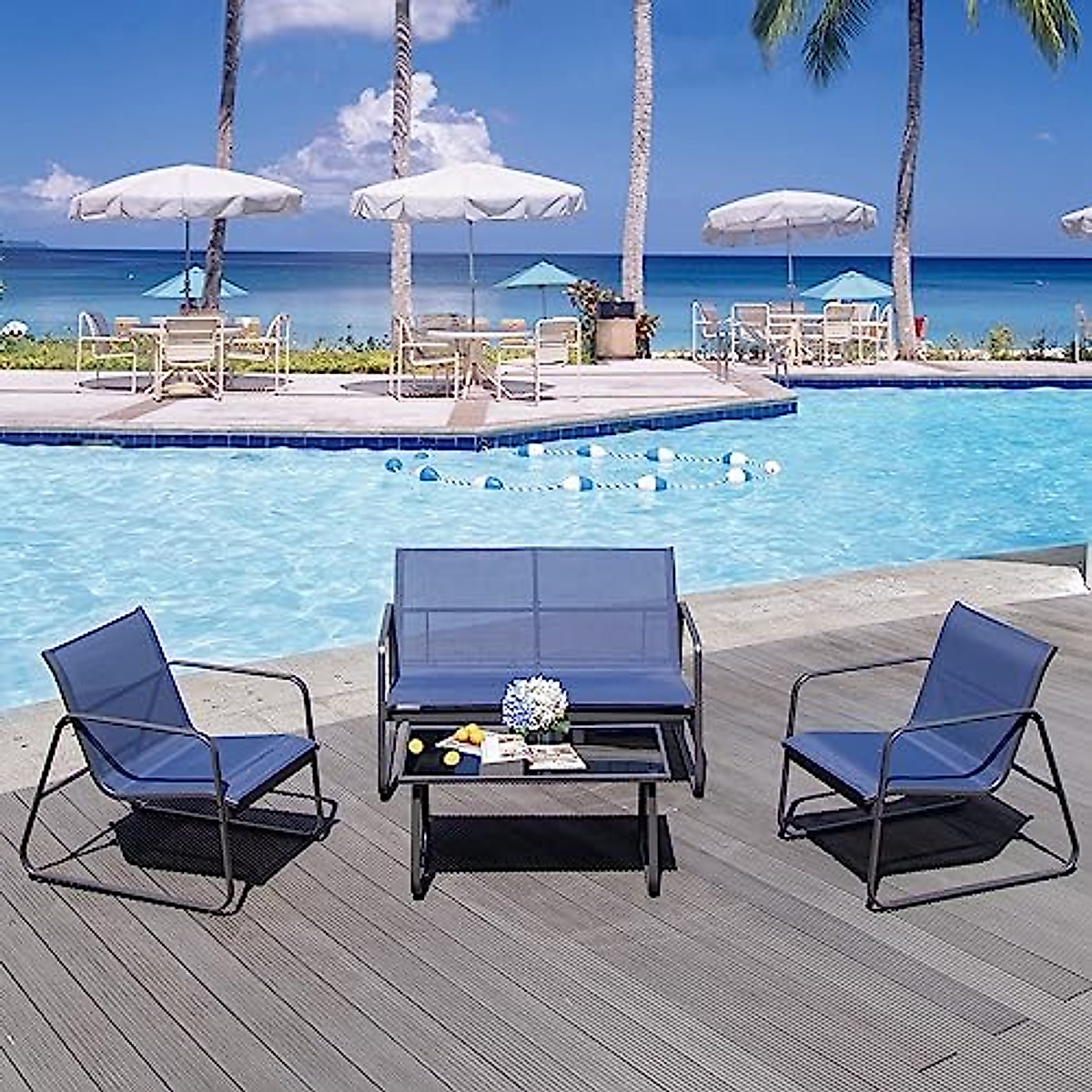 PAIQIAN 4 Pieces Patio Furniture Set Outdoor Patio Conversation Sets Poolside Lawn Chairs with Glass Coffee Table Porch Furniture for Courtyard, Garden and Balcony (Blue)