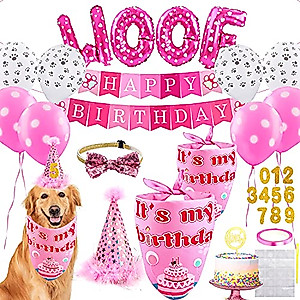 Dog Birthday Party Supplies - Dog Girl Birthday Bandanas Set with Dog Birthday Hat, Scarf, Birthday Banner, Balloons and Bowtie. Puppy Dog Pals Birthday Party Decorations.