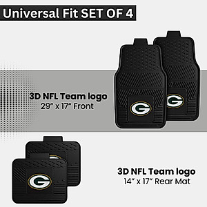 Fanmats Green Bay Packers Set of 4 Car Mats for Cars, SUV, Pickups - All Weather Technology Protection, Deep Reservoir Design, Universal Fit - 3D NFL Team logo - 29”x17” Front - 14”x17” Rear Mat