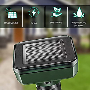 Solar Powered Mole Repellent Stakes - Safe and Quiet Ultrasonic Outdoor Pest Repellent Spike for Gopher, Vole, Groundhog and Shrews - Waterproof Outdoor Pest Deterrent for Lawn and Garden - 4 Pack