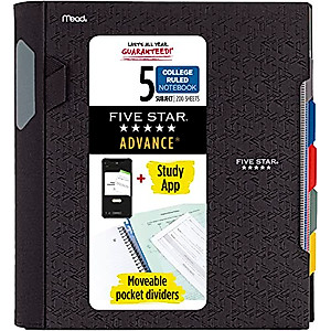 Five Star Spiral Notebook + Study App, 5 Subject, College Ruled Paper, Advance Notebook with Spiral Guard, Movable Tabbed Dividers and Expanding Pockets, 8-1/2" x 11", 200 Sheets, Black (73144)