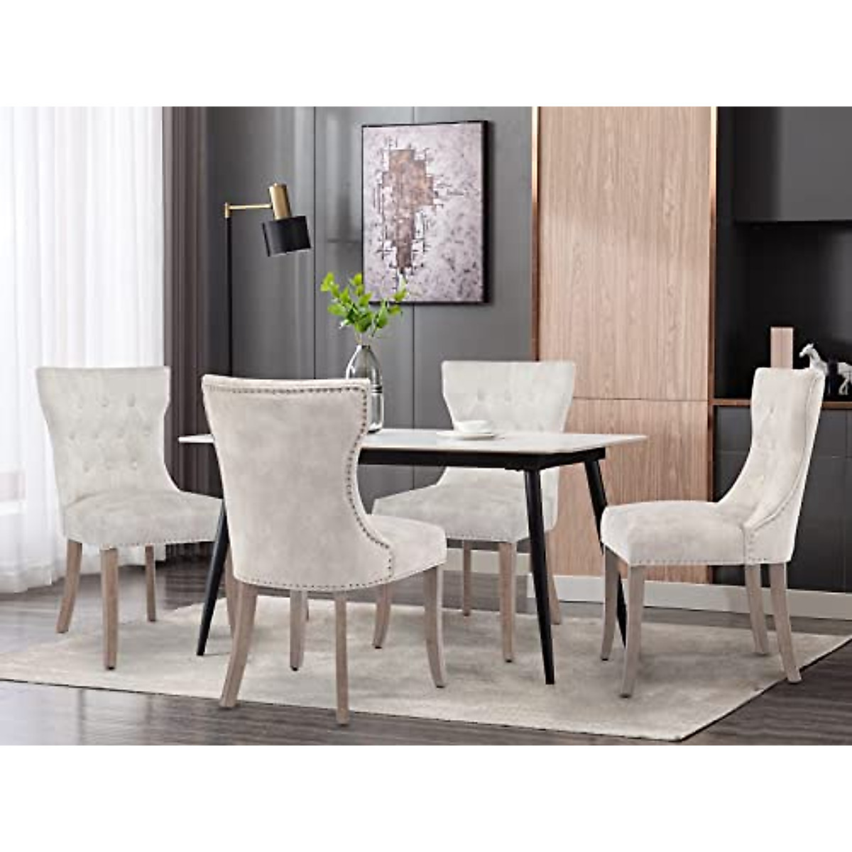 LOULENS Dining Chairs, Upholstered Modern Elegant Tufted Dining Room Chairs with Solid Wood Legs for Kitchen, Dining Living Room (Velvet, Beige)