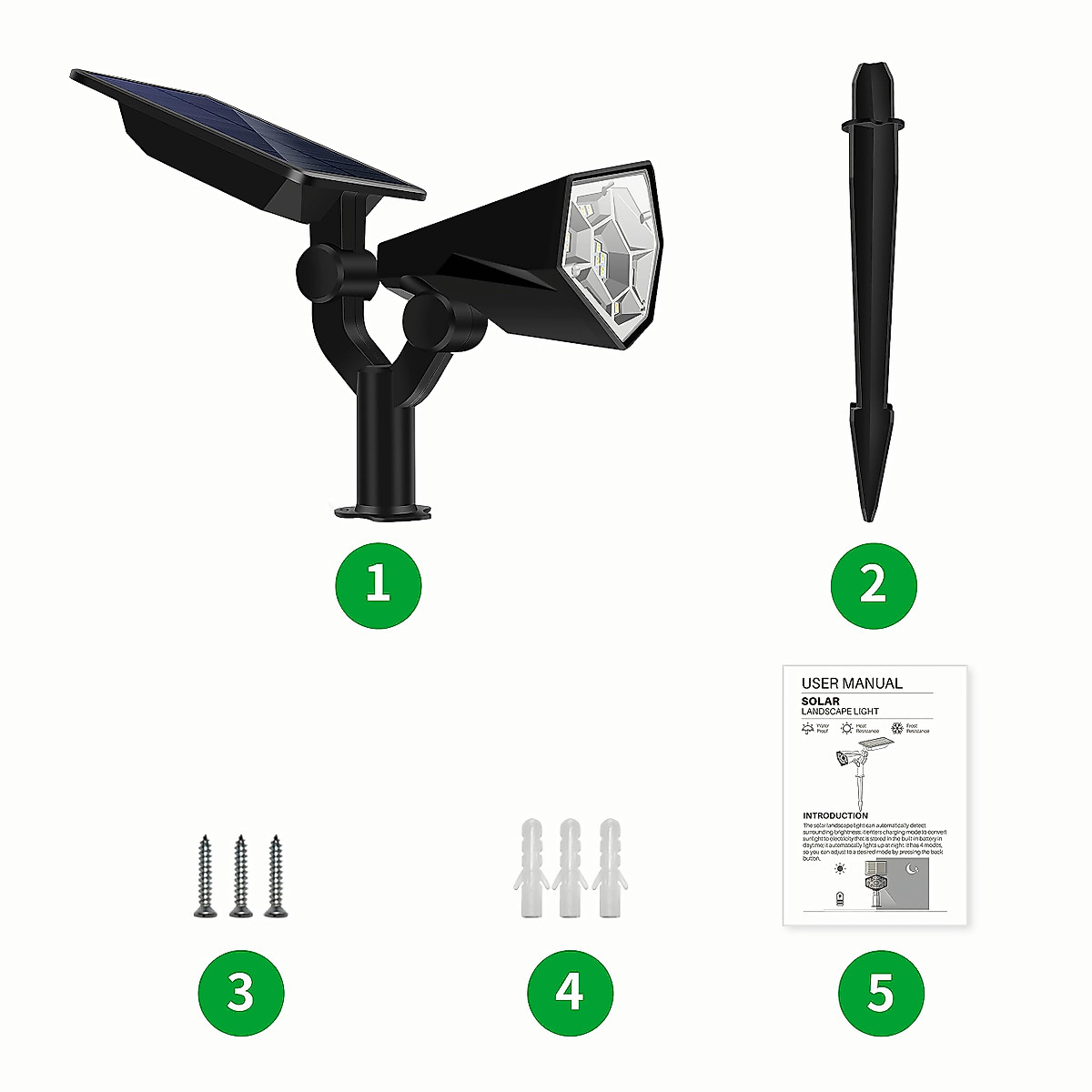 Outdoor Solar Lights - Solar Spotlight - Solar Lighting for Garden, Patio and Lawn - Wall or Pole Mount - Easy Installation - Waterproof - Adjustable, [4] Light Modes - Pack 2