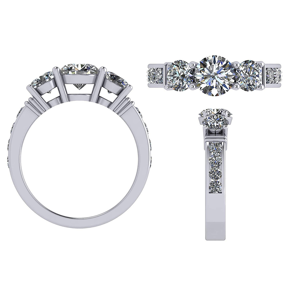 Central Diamond Center Straight Bar Style Sterling silver CZ 3 Stone Ring 2.50ctw (Reg) - Platinum Plated - Size 6