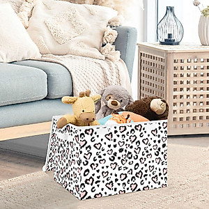 SUABO Leopard Print Pink Heart Storage Bin with Lid Large Oxford Cloth Storage Boxes Foldable Home Cube Baskets Closet Organizers for Nursery Bedroom Office