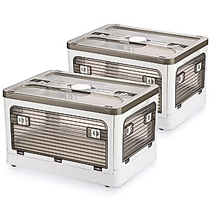 BTSKY 2 Pack Clear Plastic 4 Doors Collapsible Storage Bins with Lid & Wheels 20 L Foldable Lidded Storage Box Multifunctional Stackable Folding Organizer Cube for Camping Clothes Toys Snacks Storage Box Container (White)