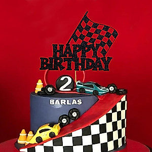 Car Cake Topper Race Car Cake Decorations for Racing Car Checkered Flag Themed Kids Boy Girl Happy Birthday Party Supplies