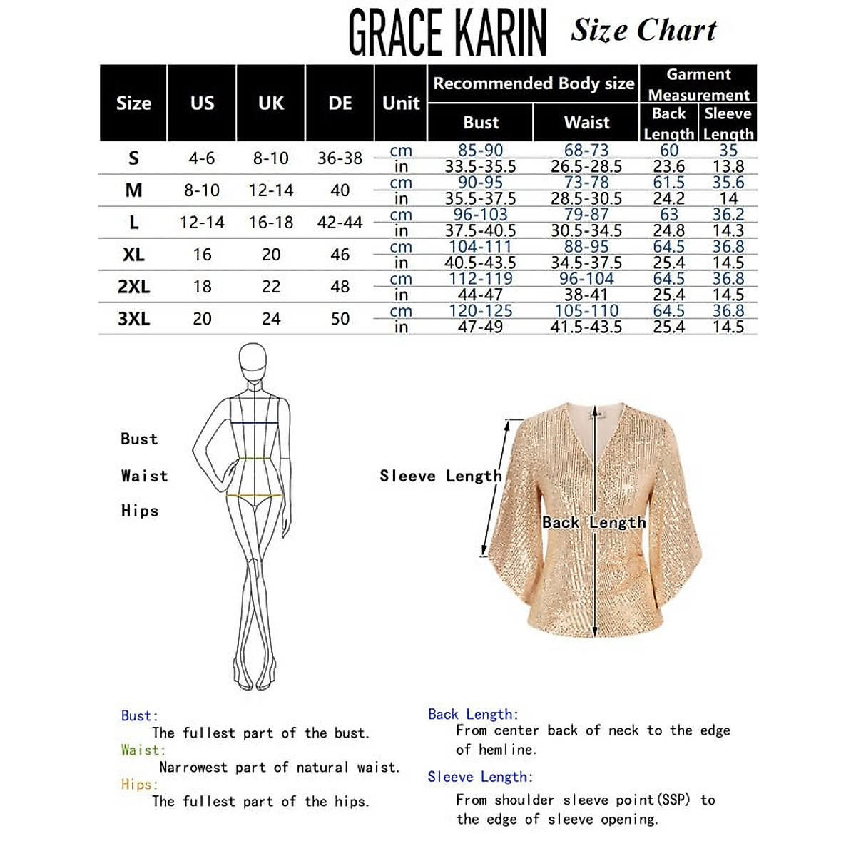 GRACE KARIN Women's Sequin Silver Top Sparkly 3/4 Sleeve Party Shirts Dressy Glitter Slim Fit Blouses 2XL