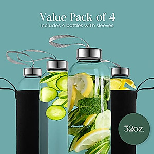 Kitchen Lux 32 oz Glass Water Bottle Set of 4 - Glass Water Bottles Caps & Sleeve, Reusable Glass Bottle Lids, Clear Glass Bottles, Refillable Glass Juice Bottles for Juicing, Juicer Bottles