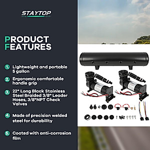 STAYTOP Dual Air Compressors 5 Gallon Air Tank for Air Suspension/Air Ride Bag/Train Horn/Spring, Onboard Air System Kit 200 psi Compressors