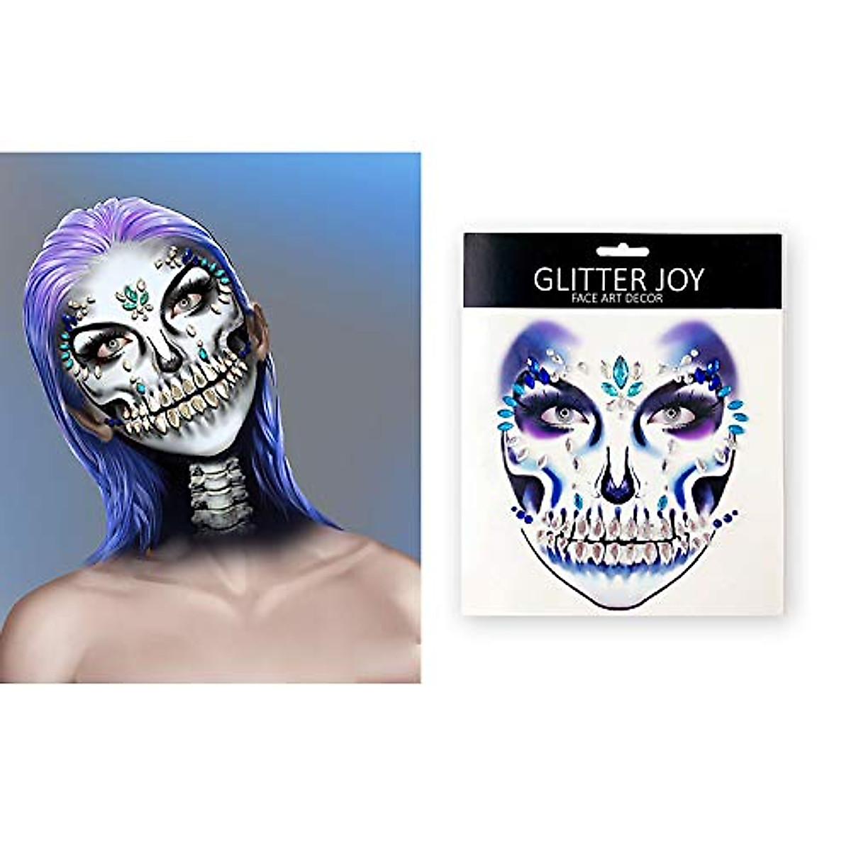 Day of the Death Face Gems Tattoo,Halloween Face Jewels Stick on Face Decals,3-Pack