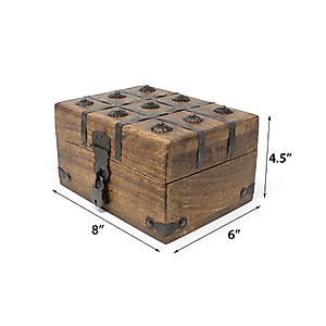 Nautical Cove Treasure Chest Wooden Box with Antique Iron Lock and Skeleton Key - Storage and Decor (Small 8 x 6 x 4.5)